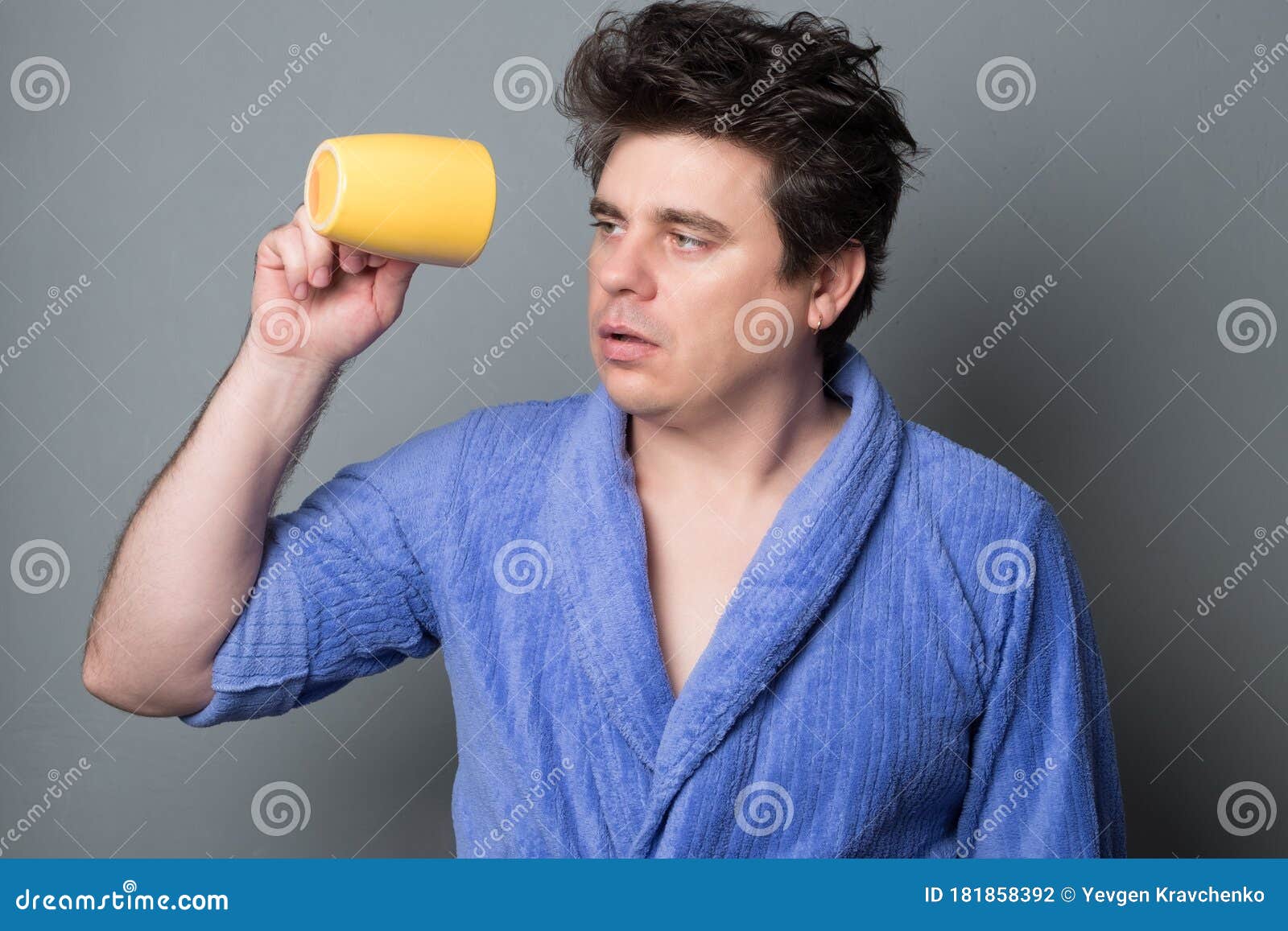 Sleepy Man in a Bathrobe Drinks Morning Coffee Stock Photo - Image of ...