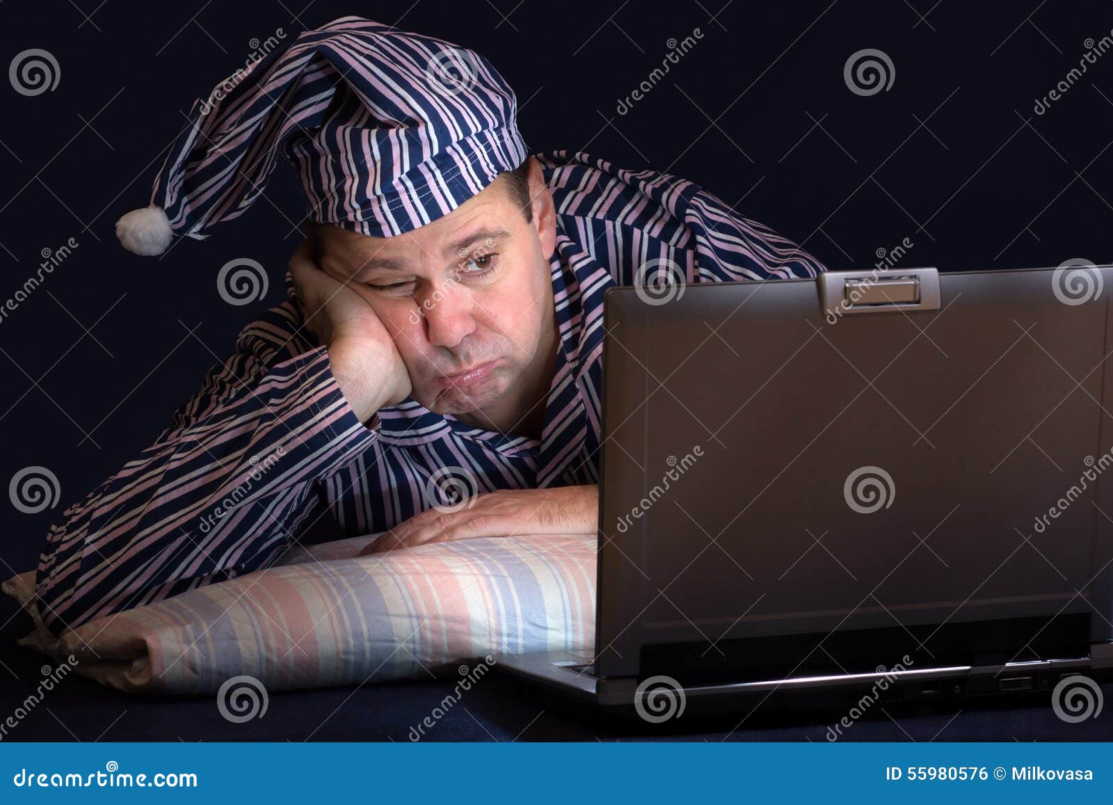 Sleepy Man with Computer in Bed Stock Photo - Image of expression ...