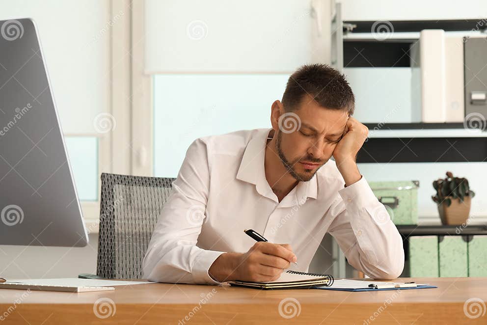 Sleepy Man Snoozing at Workplace in Office Stock Photo - Image of ...