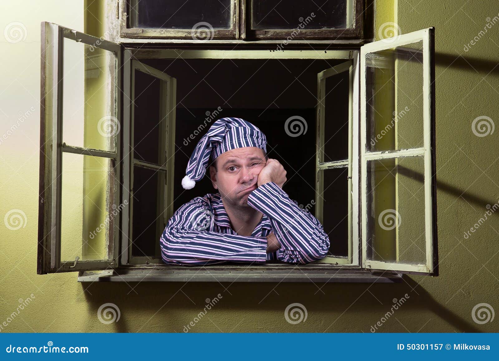 Sleepy man in the window stock image. Image of clothes - 50301157