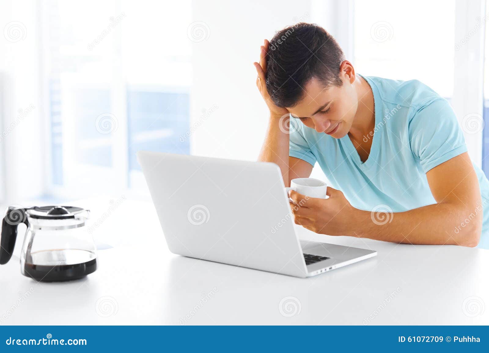 Sleepy Man Working in the Morning in the Kitchen Stock Image - Image of ...