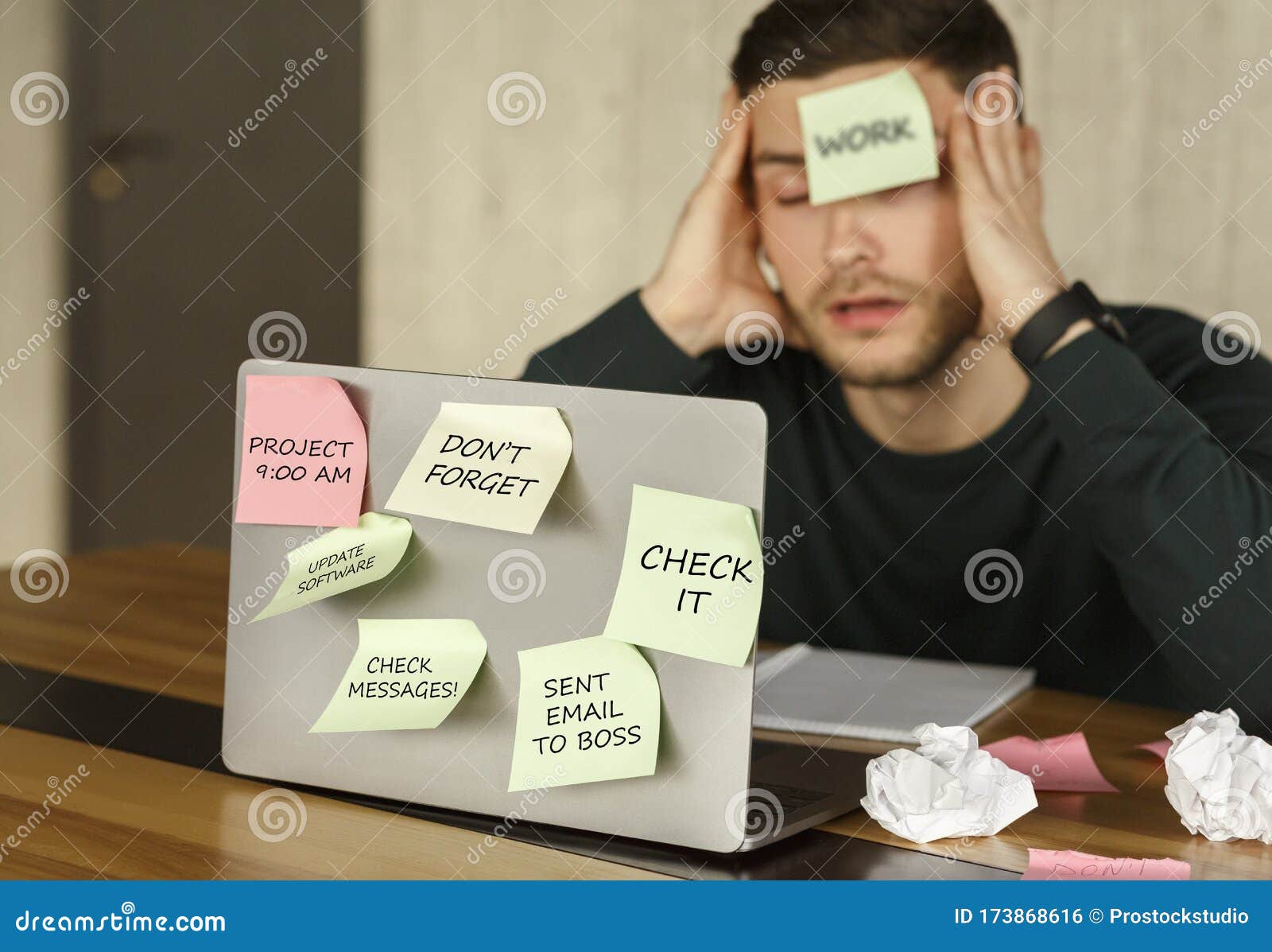 Sleepy Manager Guy Having Sticky Notes Everywhere at Workplace Indoor ...