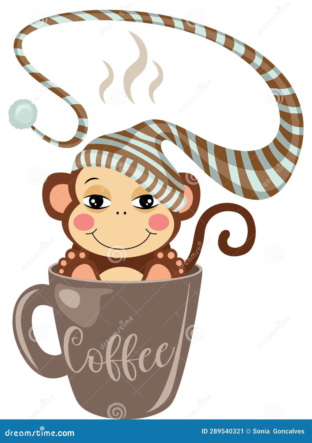 Sleepy Monkey with Hat Inside Cup of Coffee Stock Vector - Illustration ...