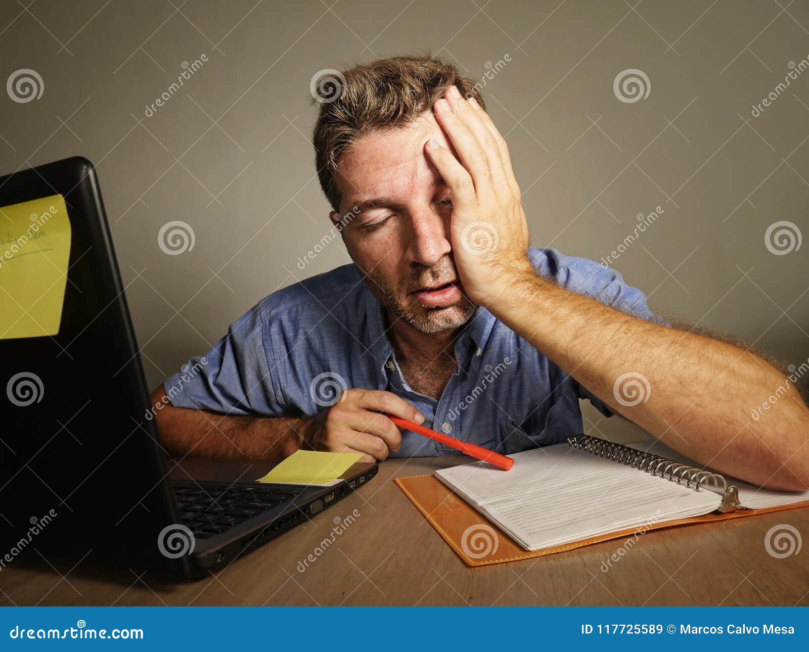 Sleepy Tired and Exhausted Man Working on Laptop Computer Accounting ...