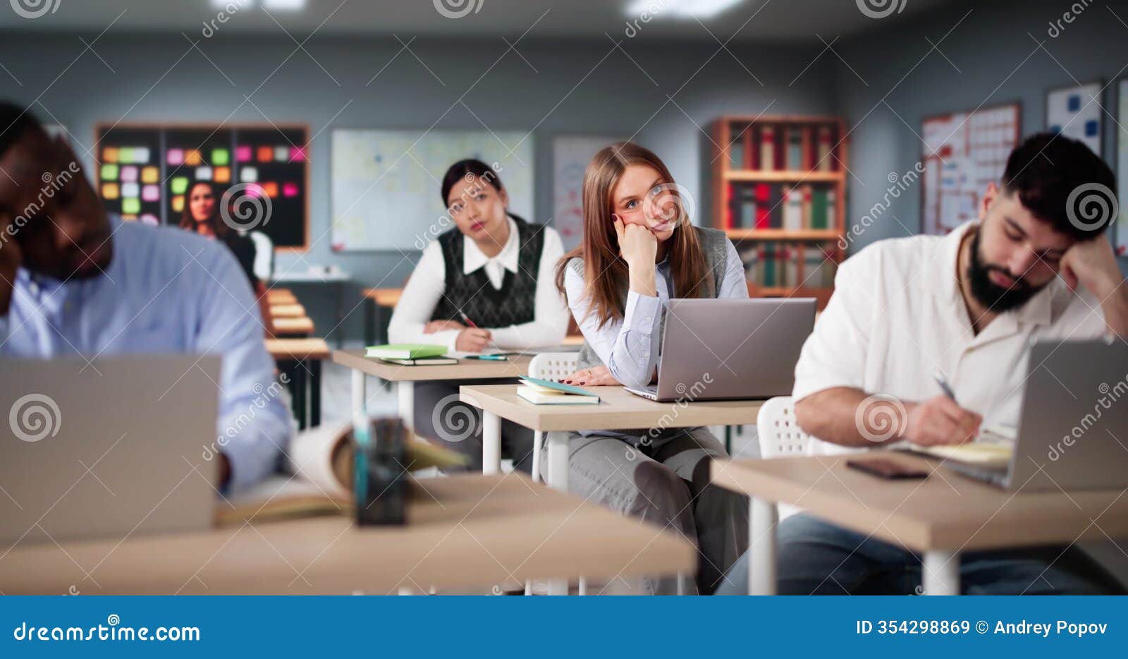 Sleepy Tired Student at Table at Class Stock Image - Image of college ...