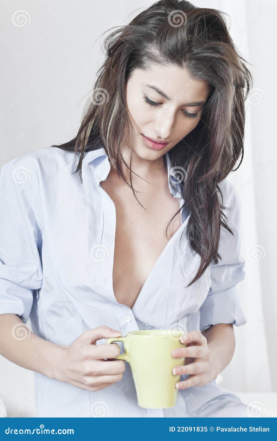 Sleepy Woman Looking In A Cup Of Coffee Stock Image Image Of Aromatic