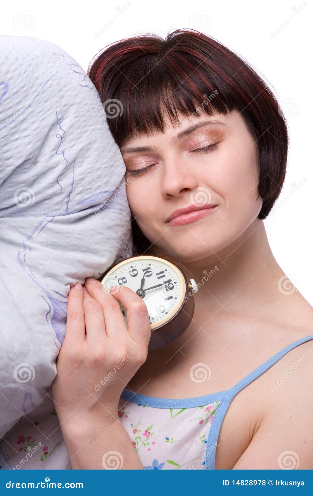 Sleepy Woman is Sleeping and Holding Alarm Clock Stock Photo - Image of ...