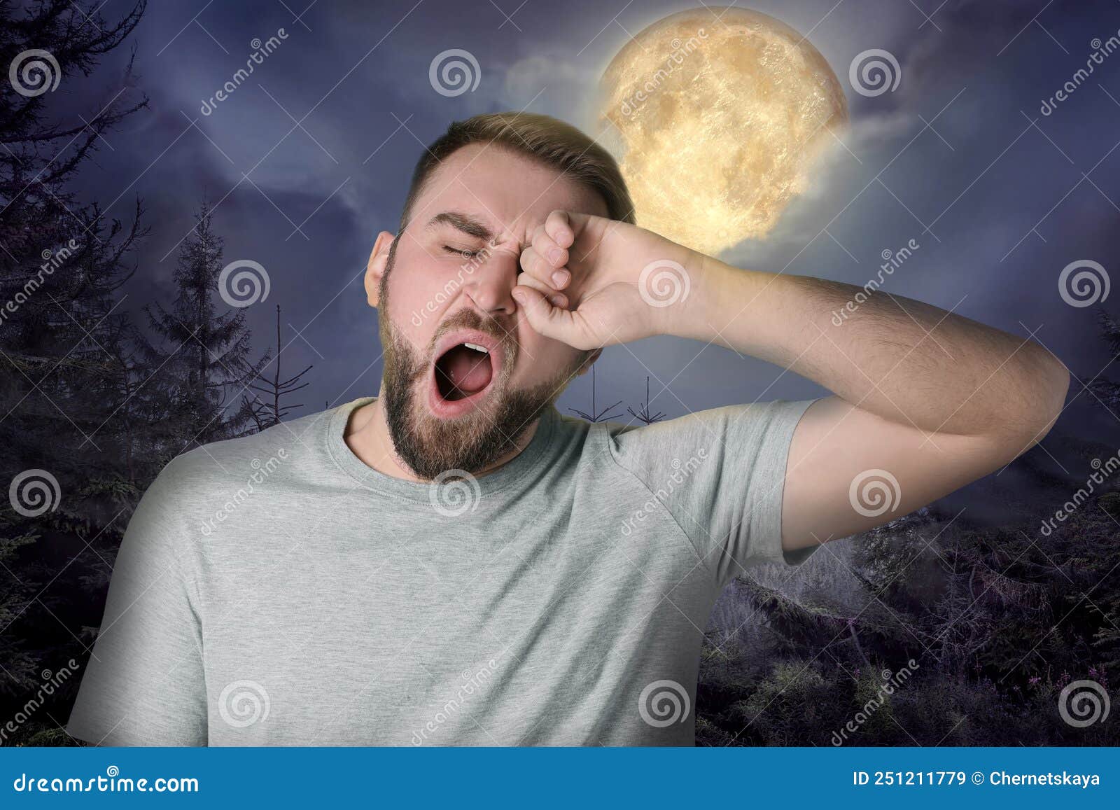Sleepy Young Man and View of Full Moon in Night Sky Stock Image - Image ...