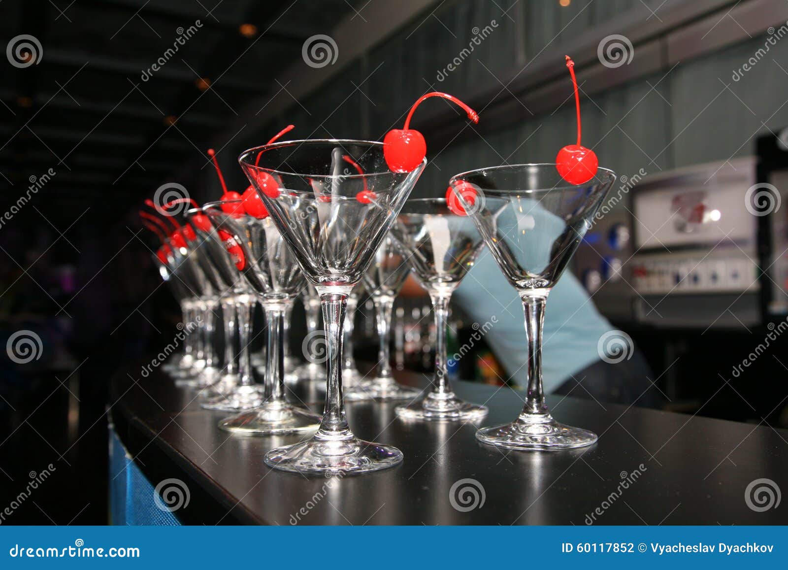 Slender Rows of Empty Cocktail Glasses on the Bar. Decorated with Icing ...