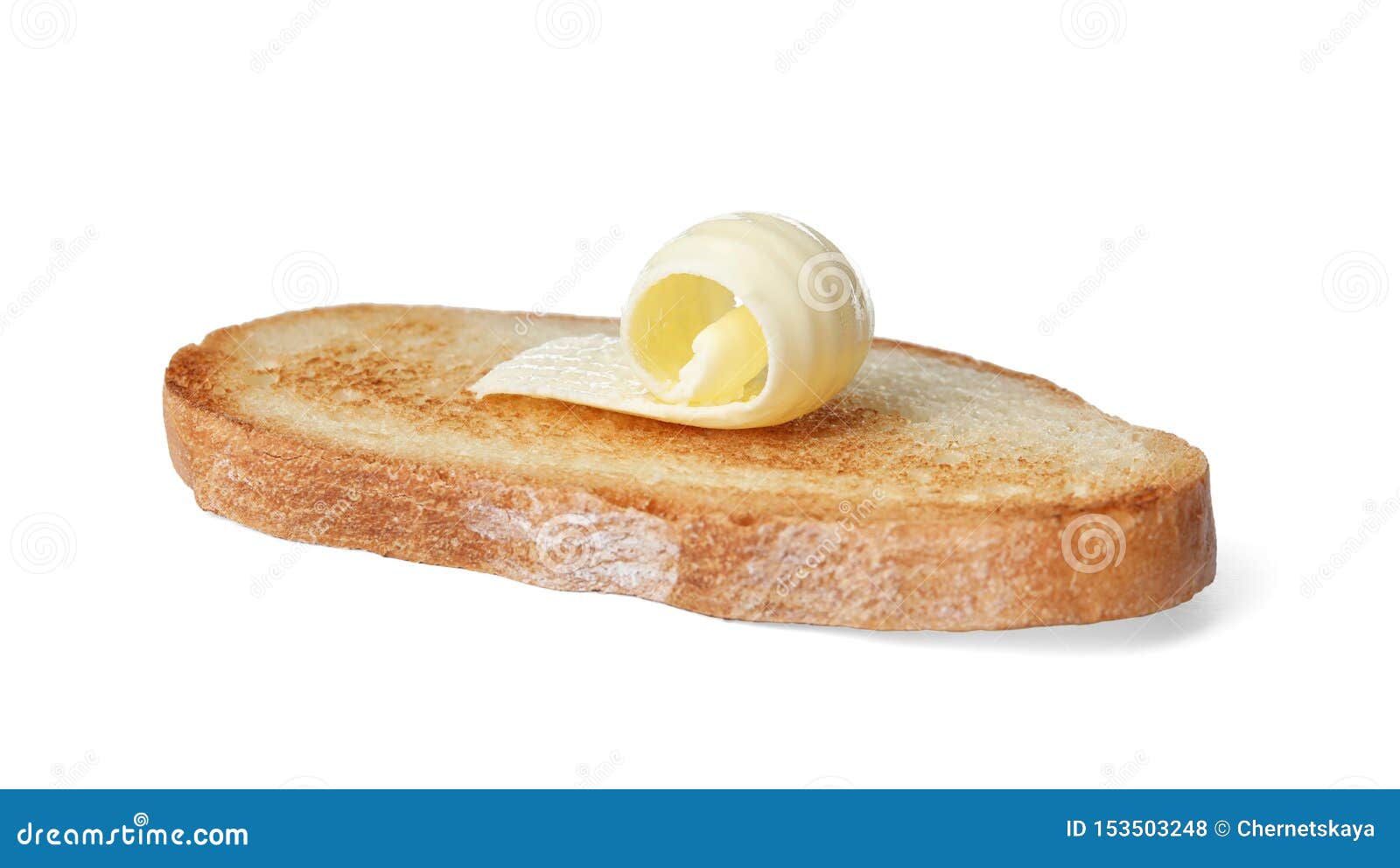 Slice of Bread with Butter Curl on White Stock Photo - Image of ...