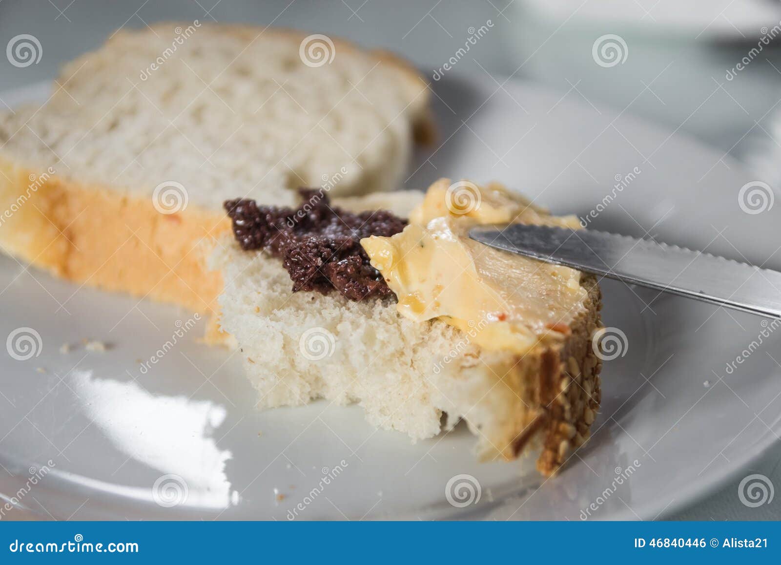 Slice of Bread with Butter and Olive Paste Stock Photo - Image of ...