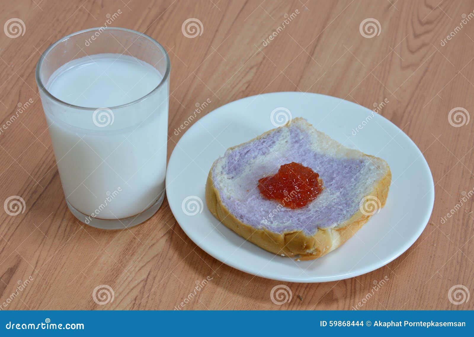 Slice Bread Mixed with Taro Topping Jam and Milk Stock Photo - Image of ...