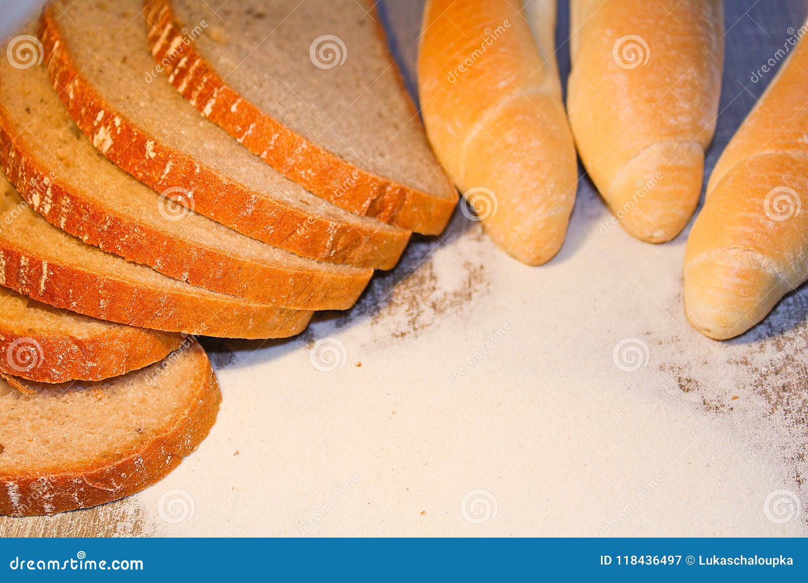 Slice of Bread with Roll and Flour Stock Image - Image of grain, bread ...