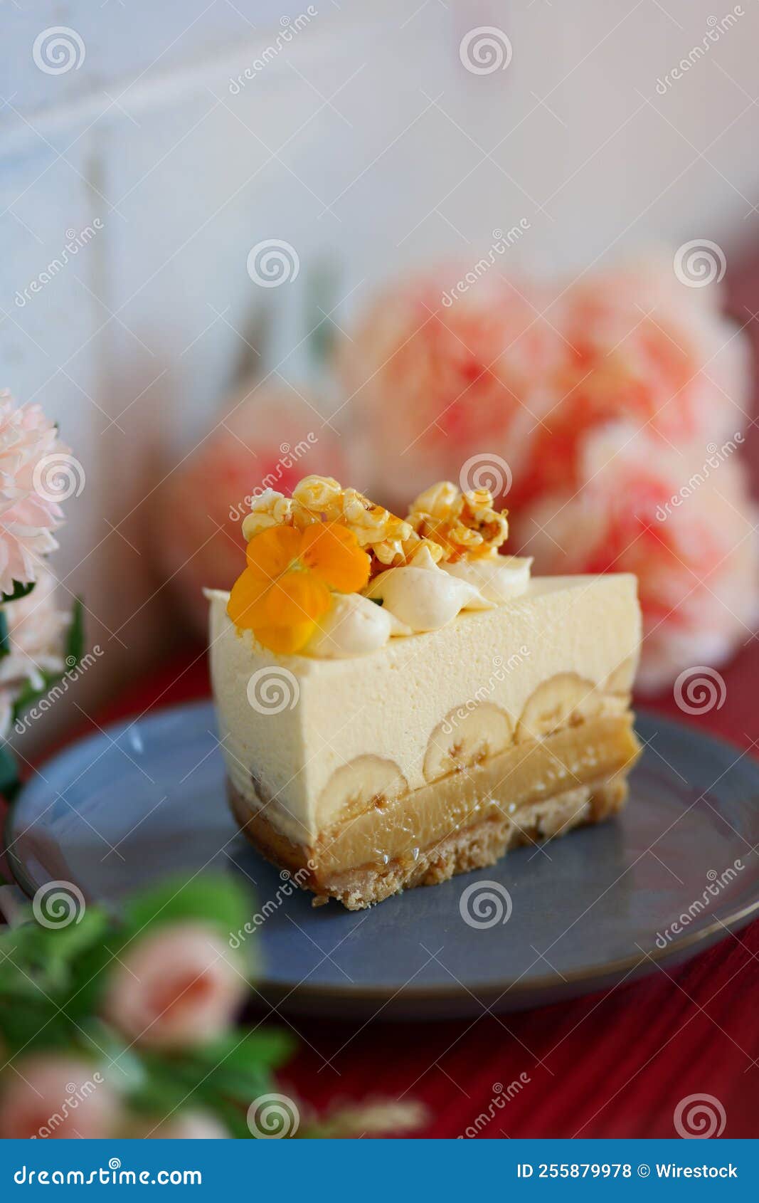 Slice of Cake with Flower Design on a Plate Stock Photo - Image of food ...