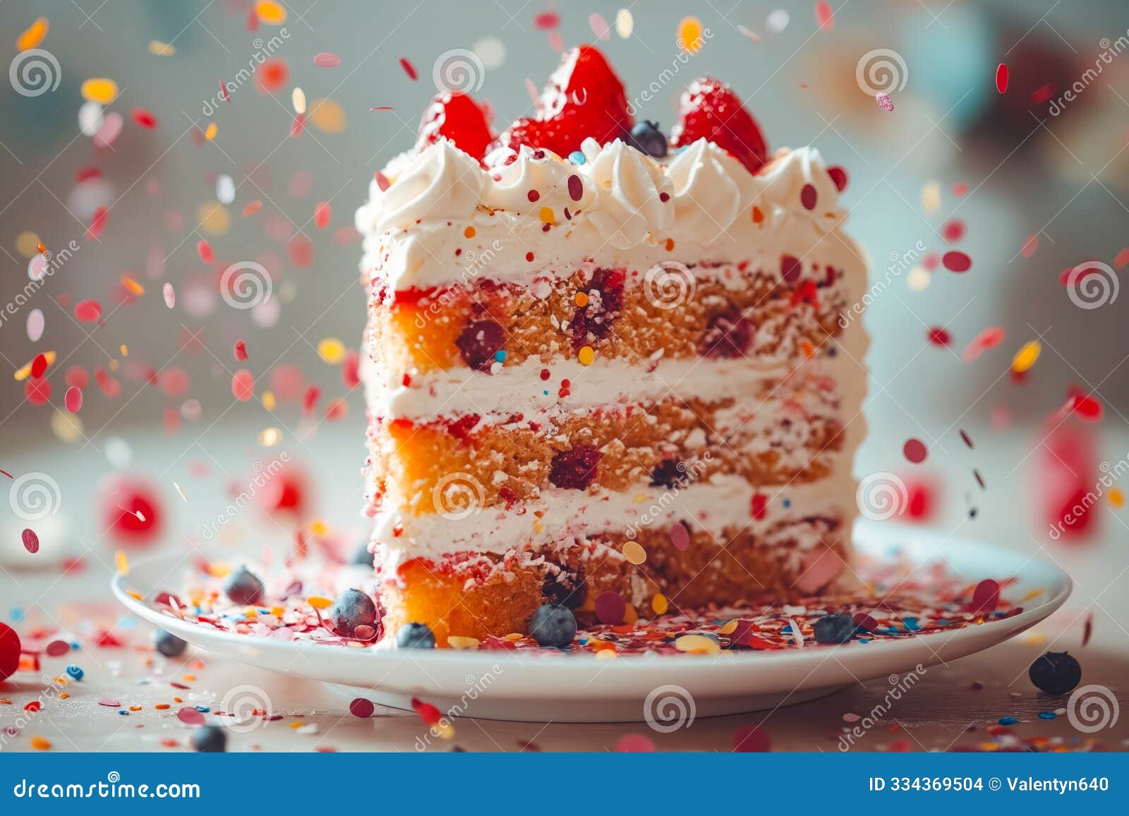 A Slice of Cake on a Plate with Confetti Falling Around it Stock Photo ...