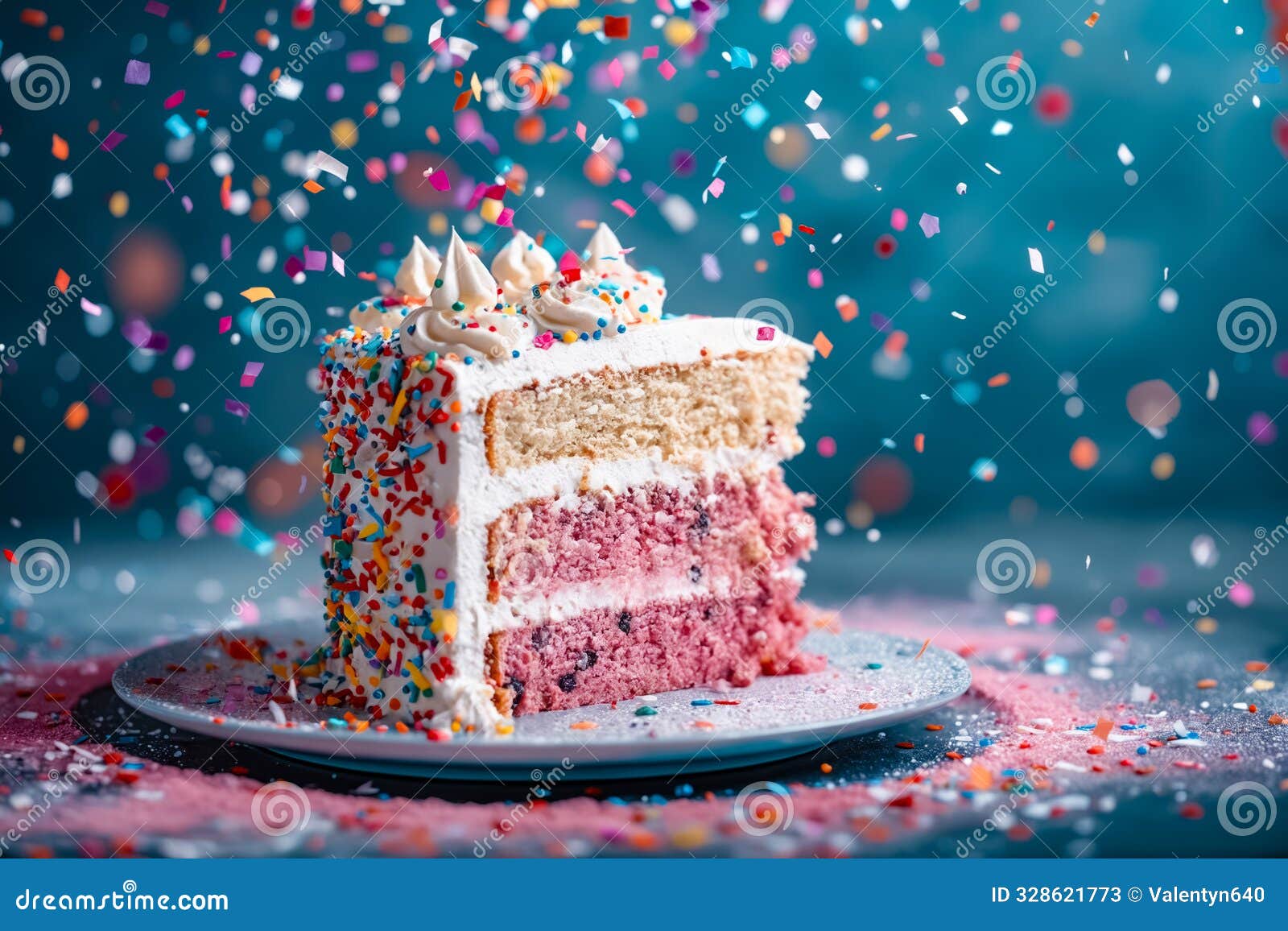 A Slice of Cake on a Plate with Confetti Falling from it. Generative AI ...