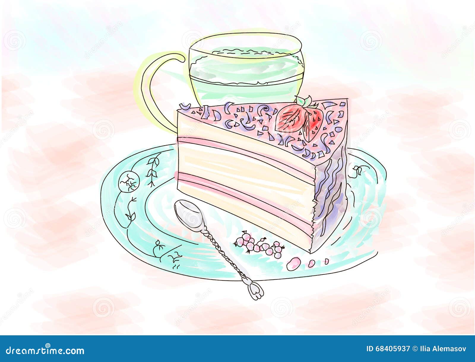 Slice Cake on Plate with Cup Tea Stock Vector - Illustration of cake ...