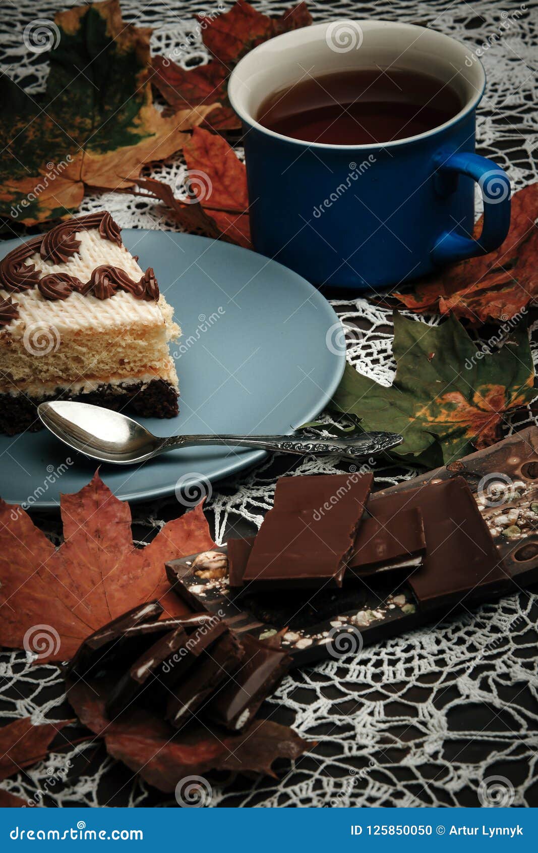 Slice of cake with tea stock photo. Image of plate, drink - 125850050