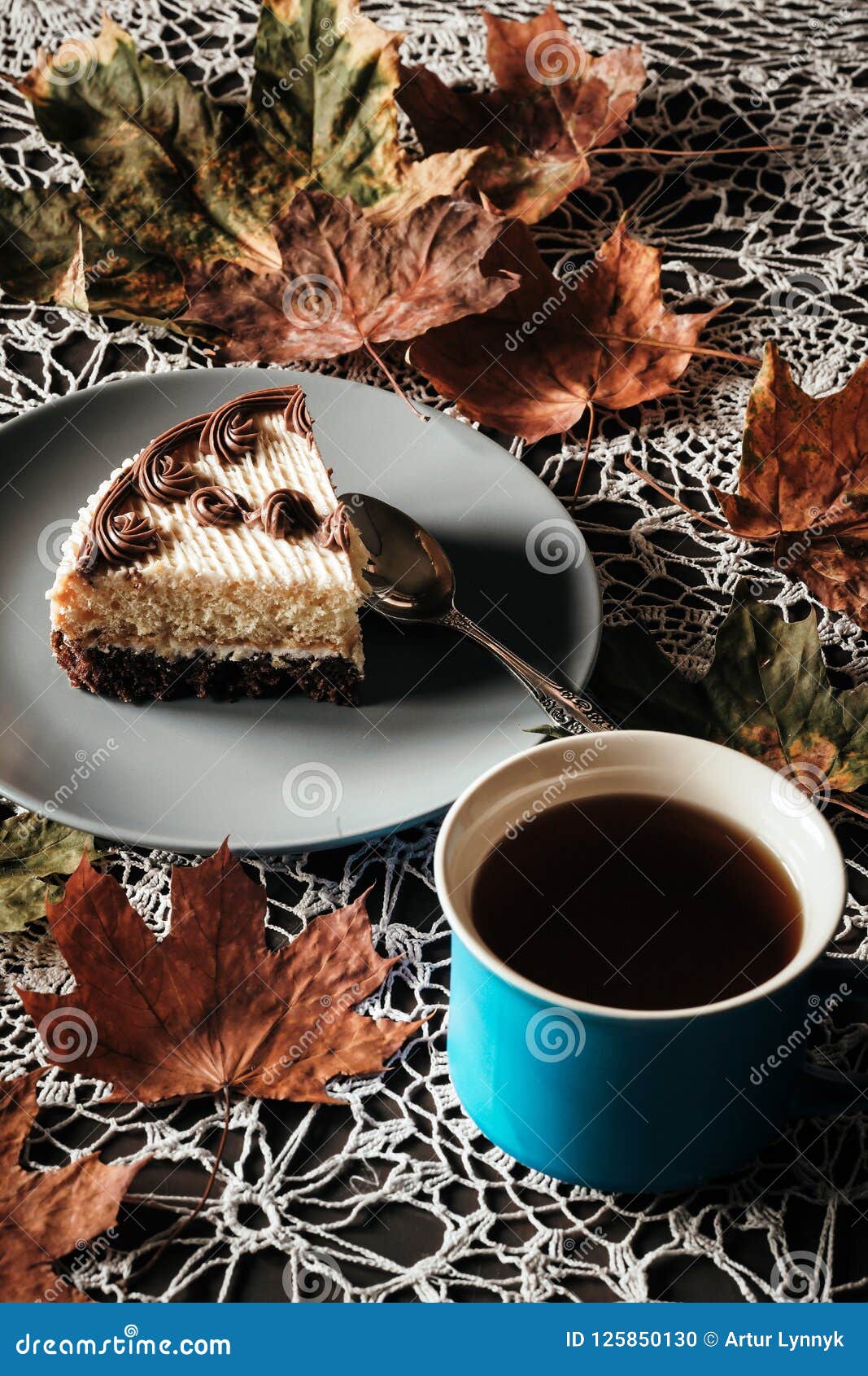 Slice of cake with tea stock photo. Image of morning - 125850130
