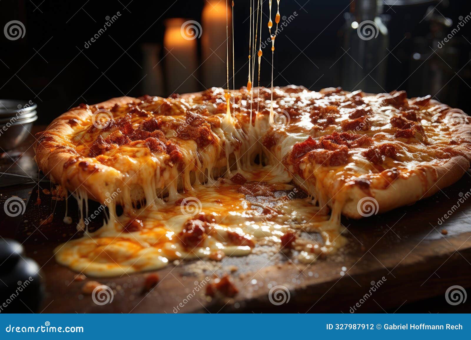 A Slice of Cheese Pizza with Melted Cheese Running Over a Kitchen ...