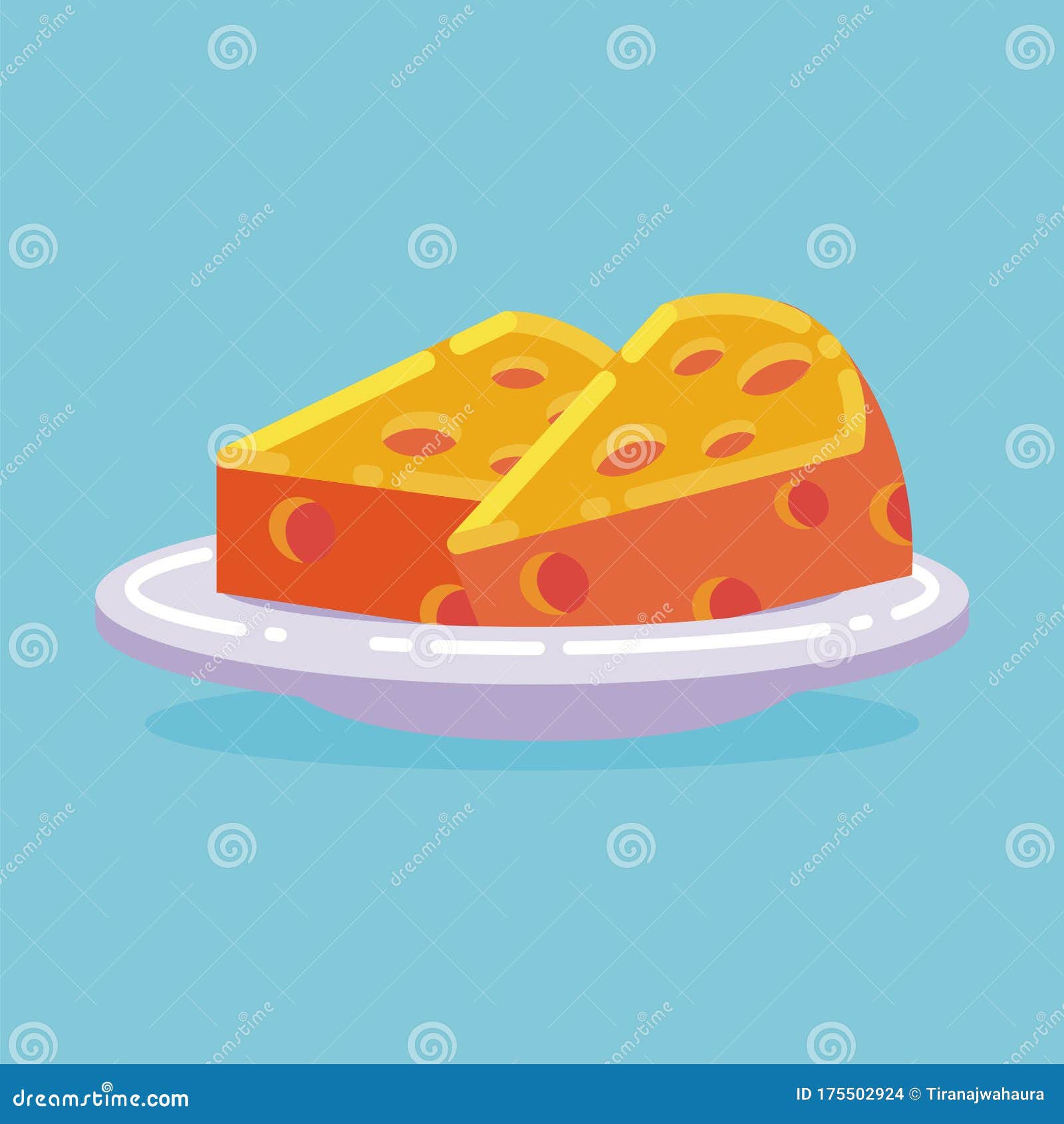 Slice of Cheese on the Plate Vector Illustration, Isolated on Blue ...