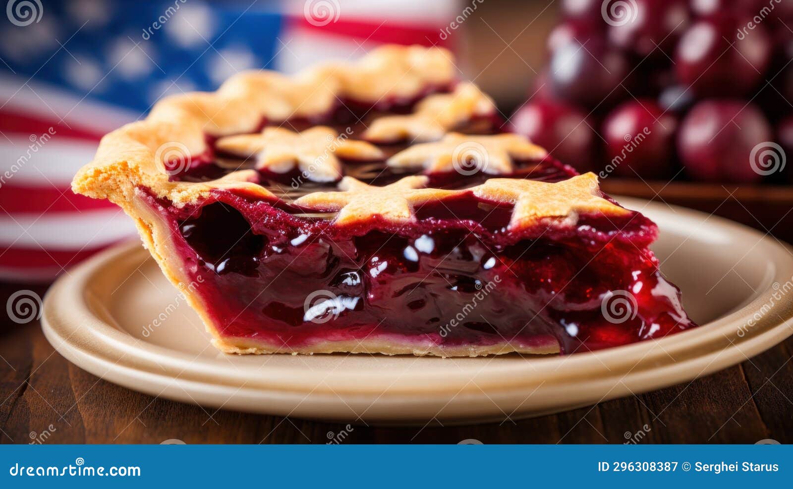 A Slice of Cherry Pie with an American Flag on a Wooden Table, AI Stock ...