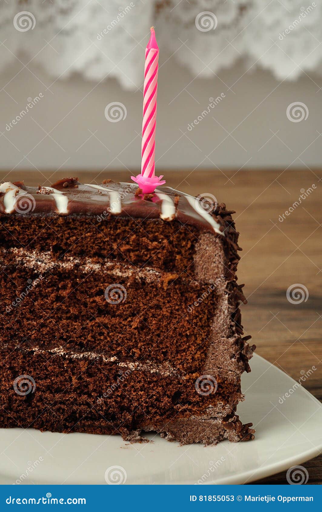 Slice of Chocolate Cake with a Pink Birthday Candle Stock Image - Image ...