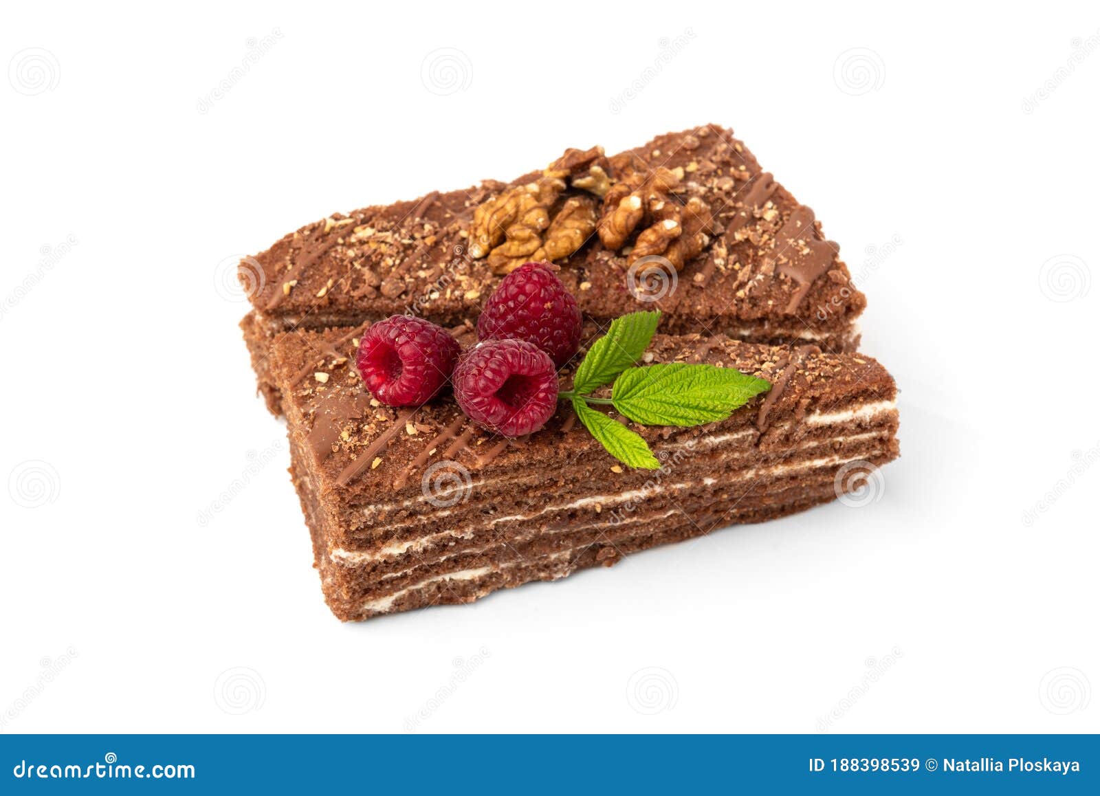 Slice of Chocolate Cake with Raspberry and Walnut Isolated on White ...