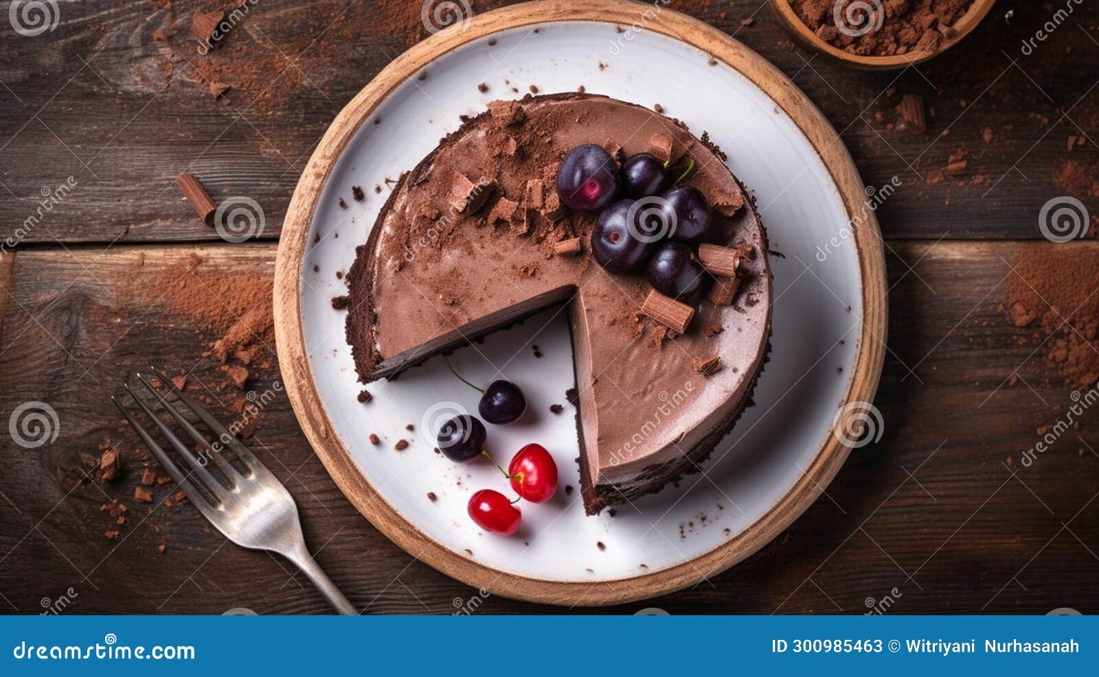 Slice of Chocolate Cheesecake on Plate, Above View Over a Rustic Wood ...