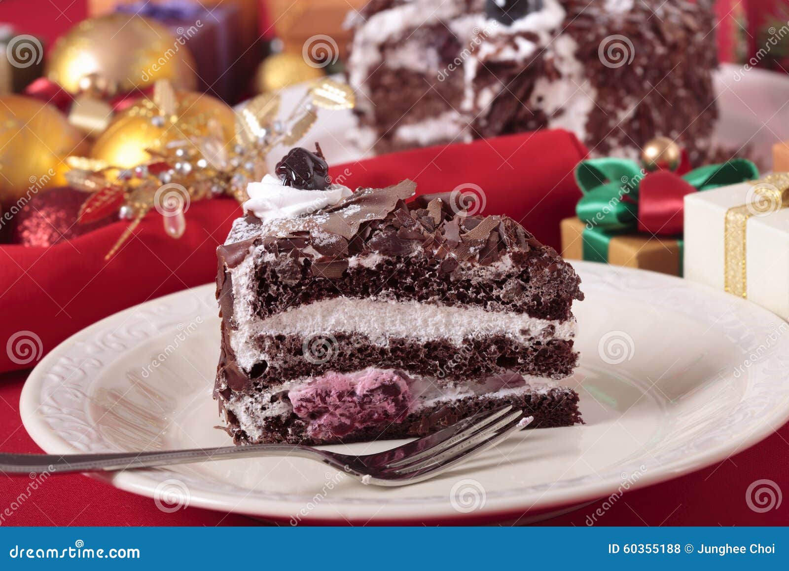 Slice of Christmas Black Forest Gateau Chocolate Cake with Plate and ...