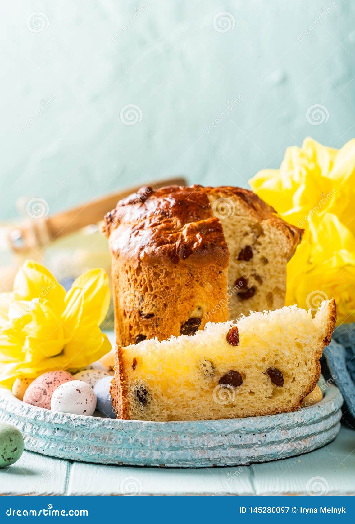 Slice of Easter Orthodox Sweet Bread, Kulich End Quail Eggs. Stock ...