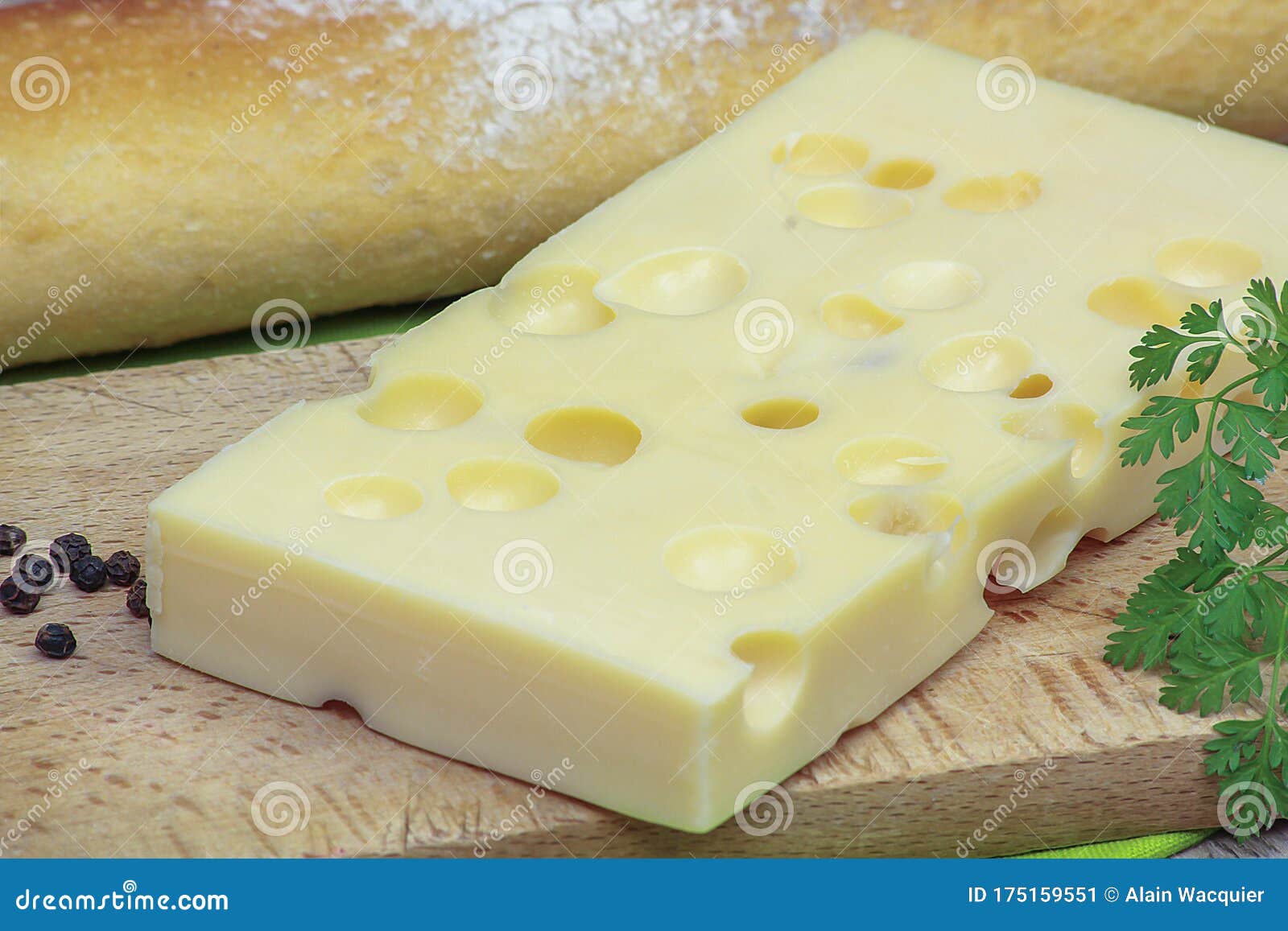 Slice of Emmental and Baguette Stock Image - Image of france, baguette ...