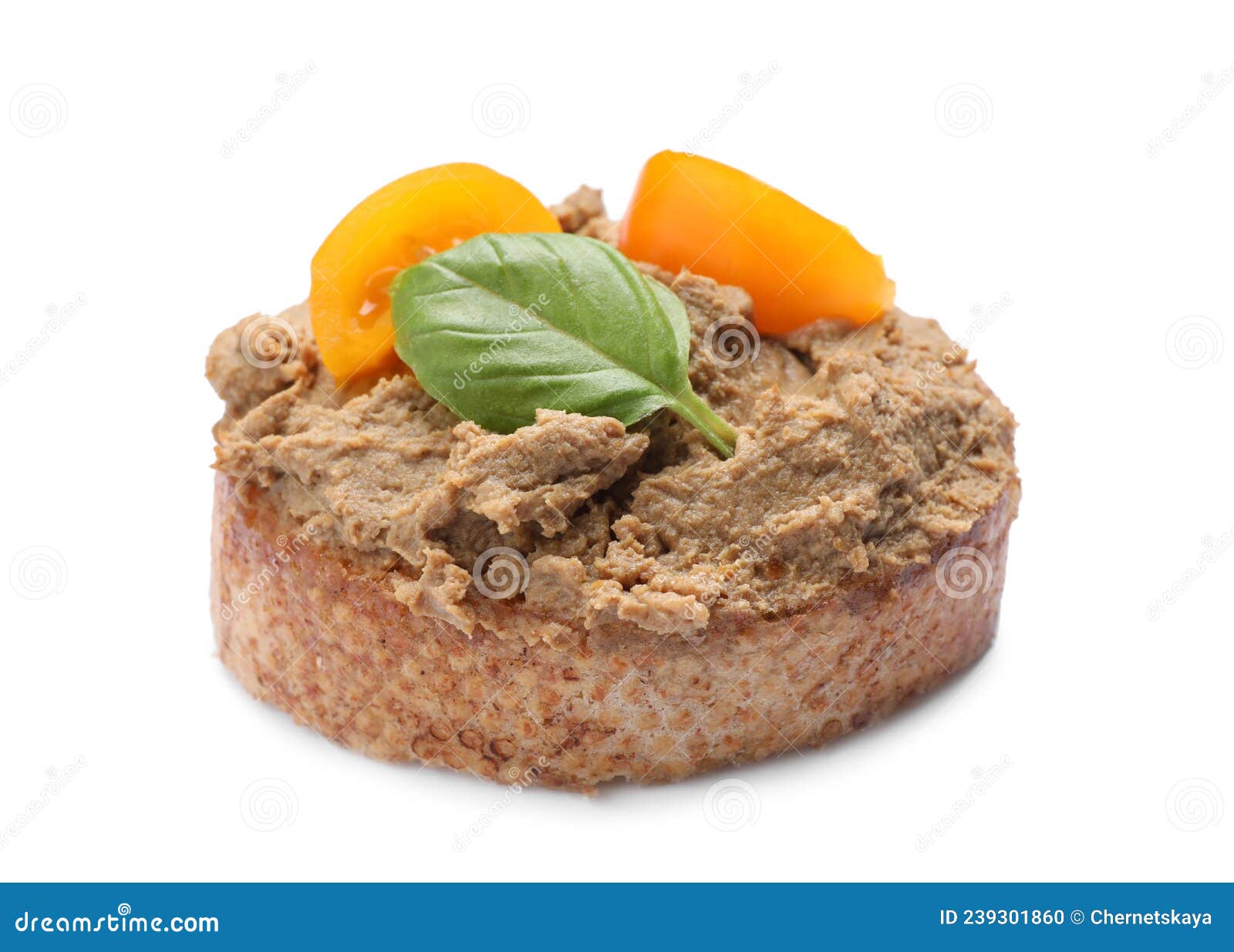 Slice of Fresh Bread with Delicious Pate, Tomato and Basil Isolated on ...