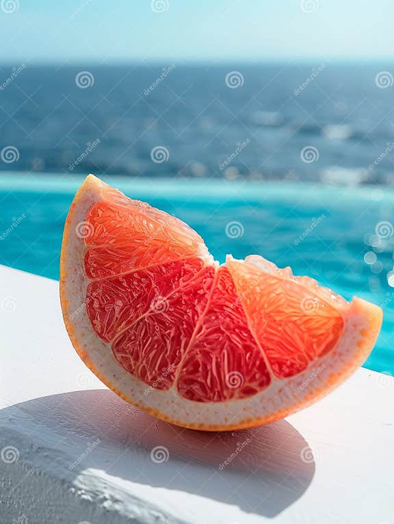 Slice of Grapefruit by the Pool with Ocean in the Background Stock ...