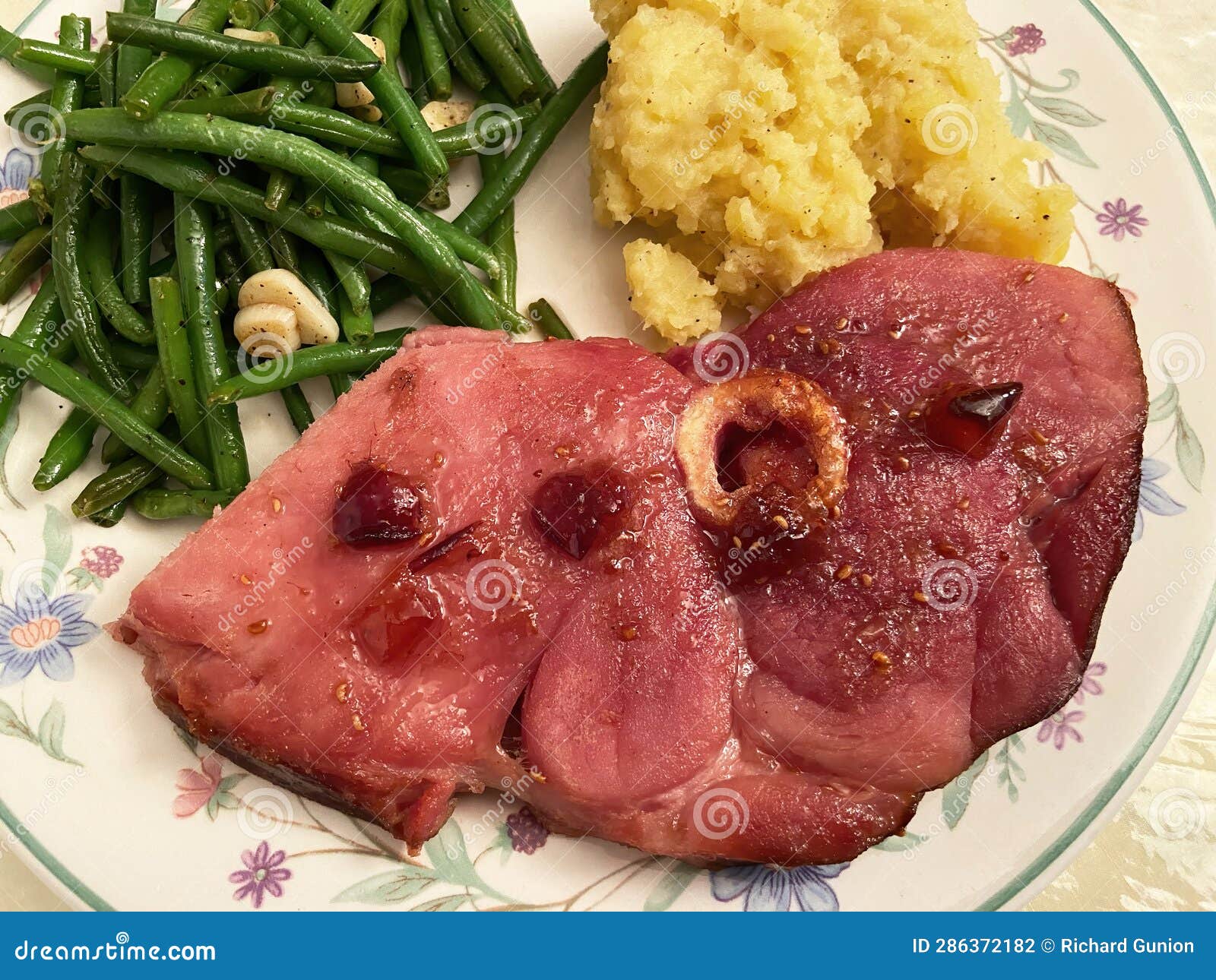 Slice of Ham with Jam, Green Beans and Mashed Potatoes Stock Photo ...