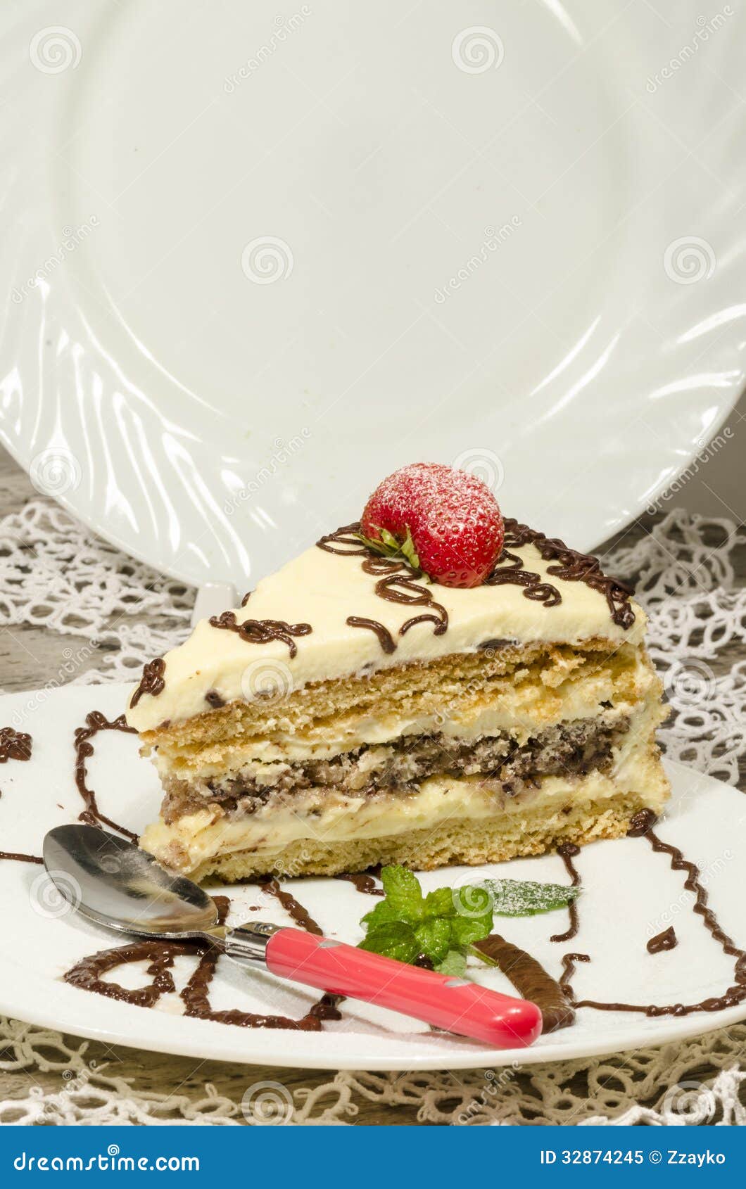 Slice of Homemade Nutty Cake with Strawberries and Mint. Vertical ...