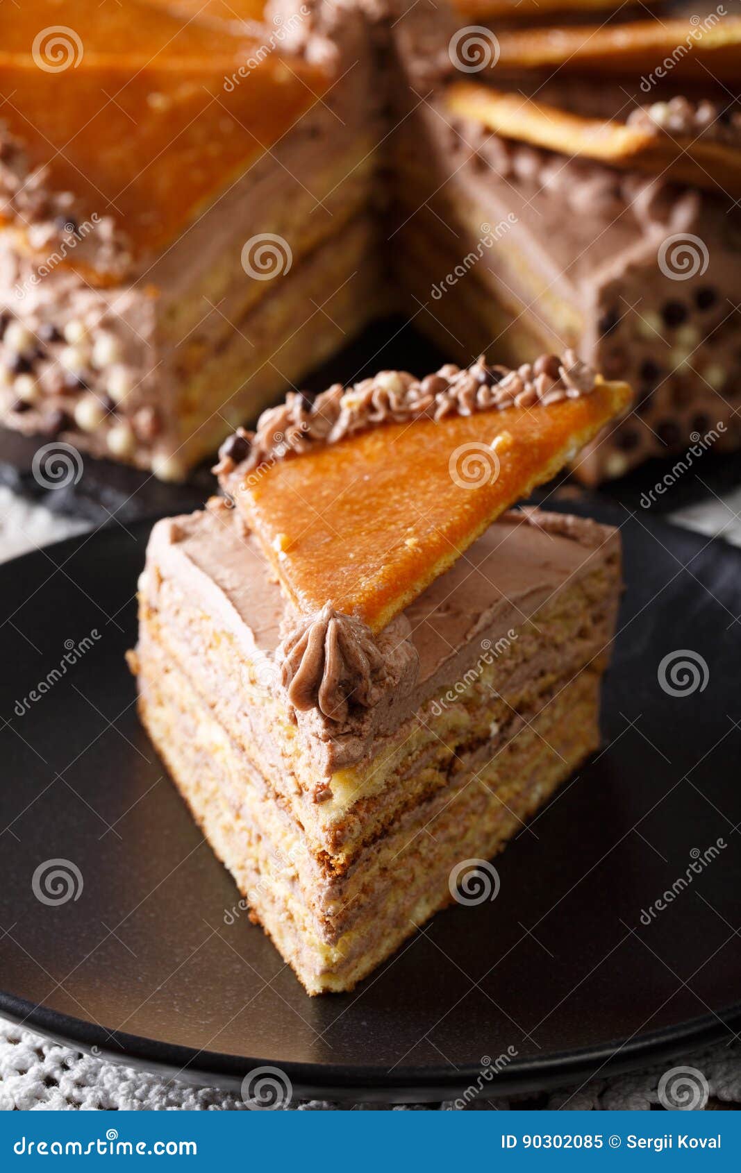 Slice of Hungarian Dobos Cake Closeup. Vertical Stock Image - Image of ...