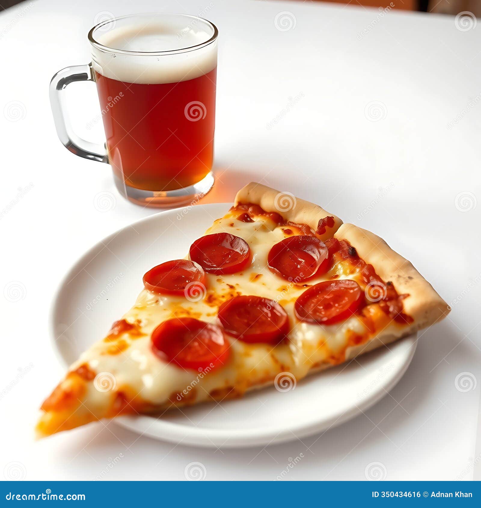 A Slice of Pepperoni Pizza with a Frothy Root Beer Served on a Plain ...