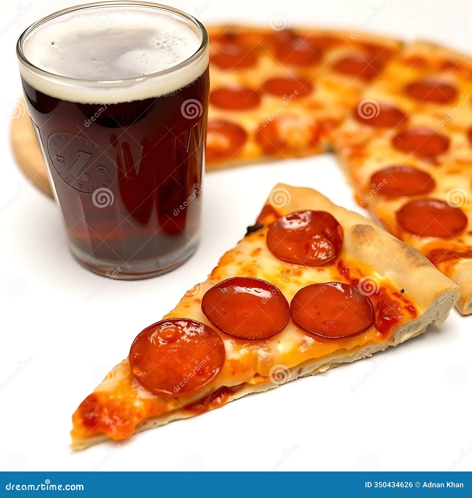 A Slice of Pepperoni Pizza with a Frothy Root Beer Served on a Plain ...