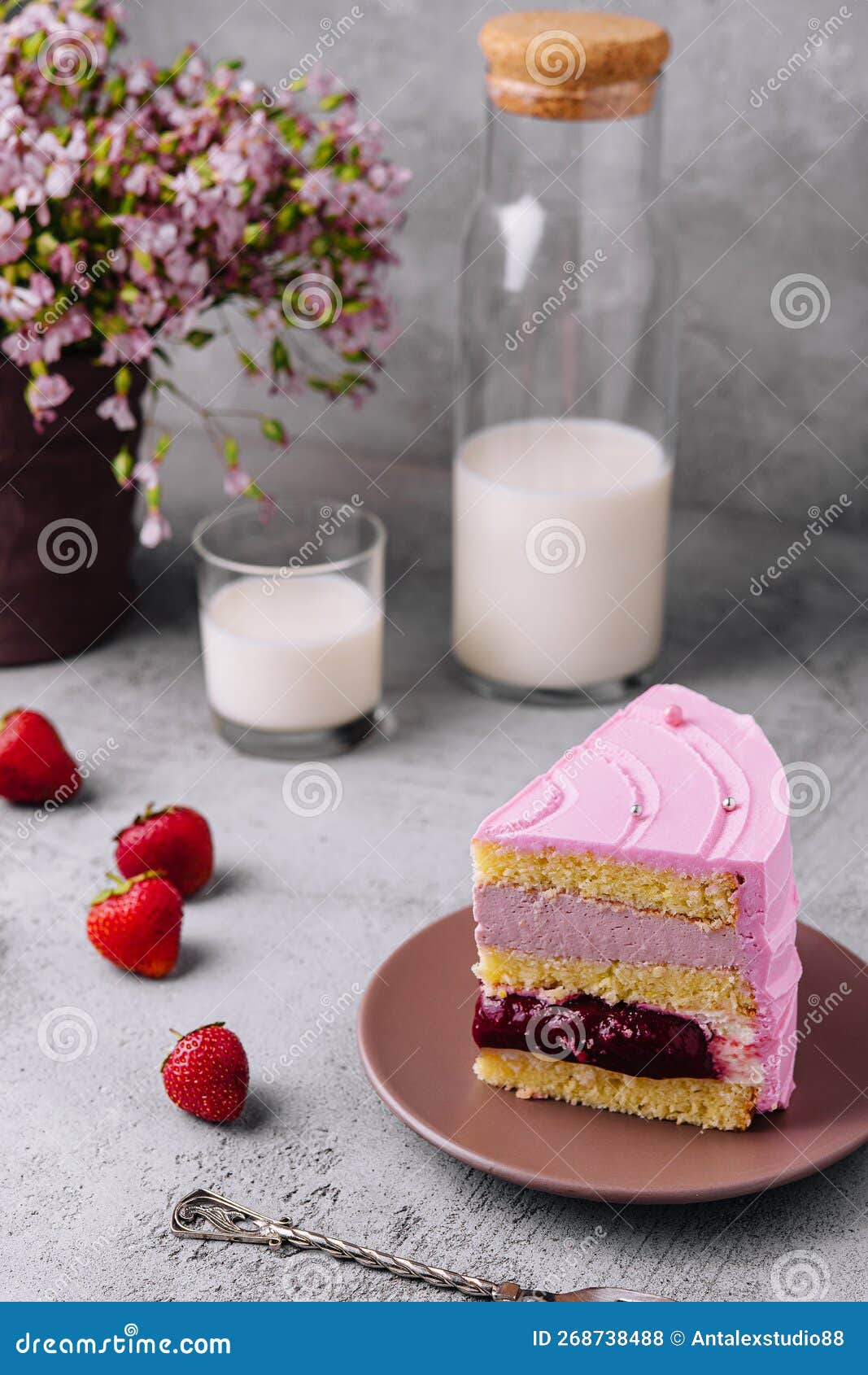 Slice of Pink Cake with Milk Stock Photo - Image of elegant, cake ...