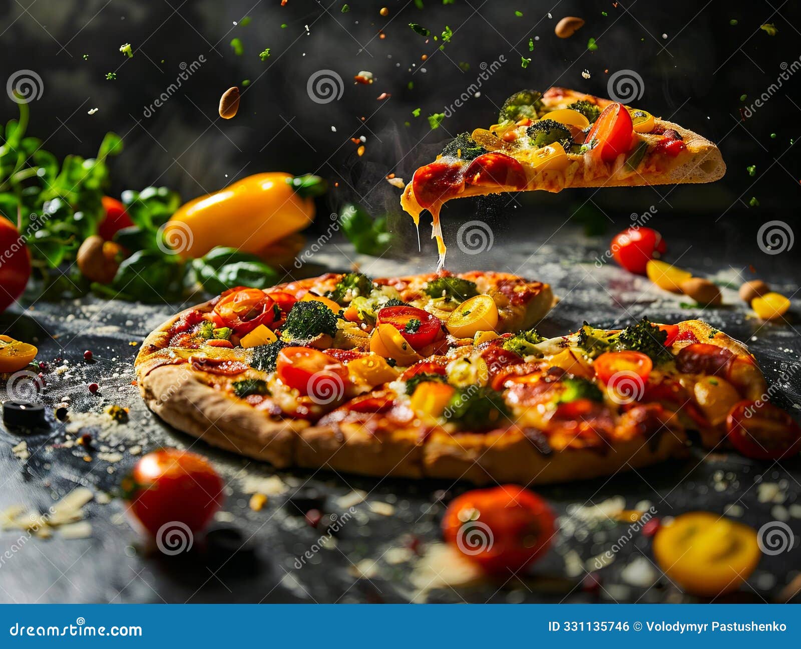 A Slice of Pizza Being Lifted Out of a Pizza with a Slice Missing Stock ...