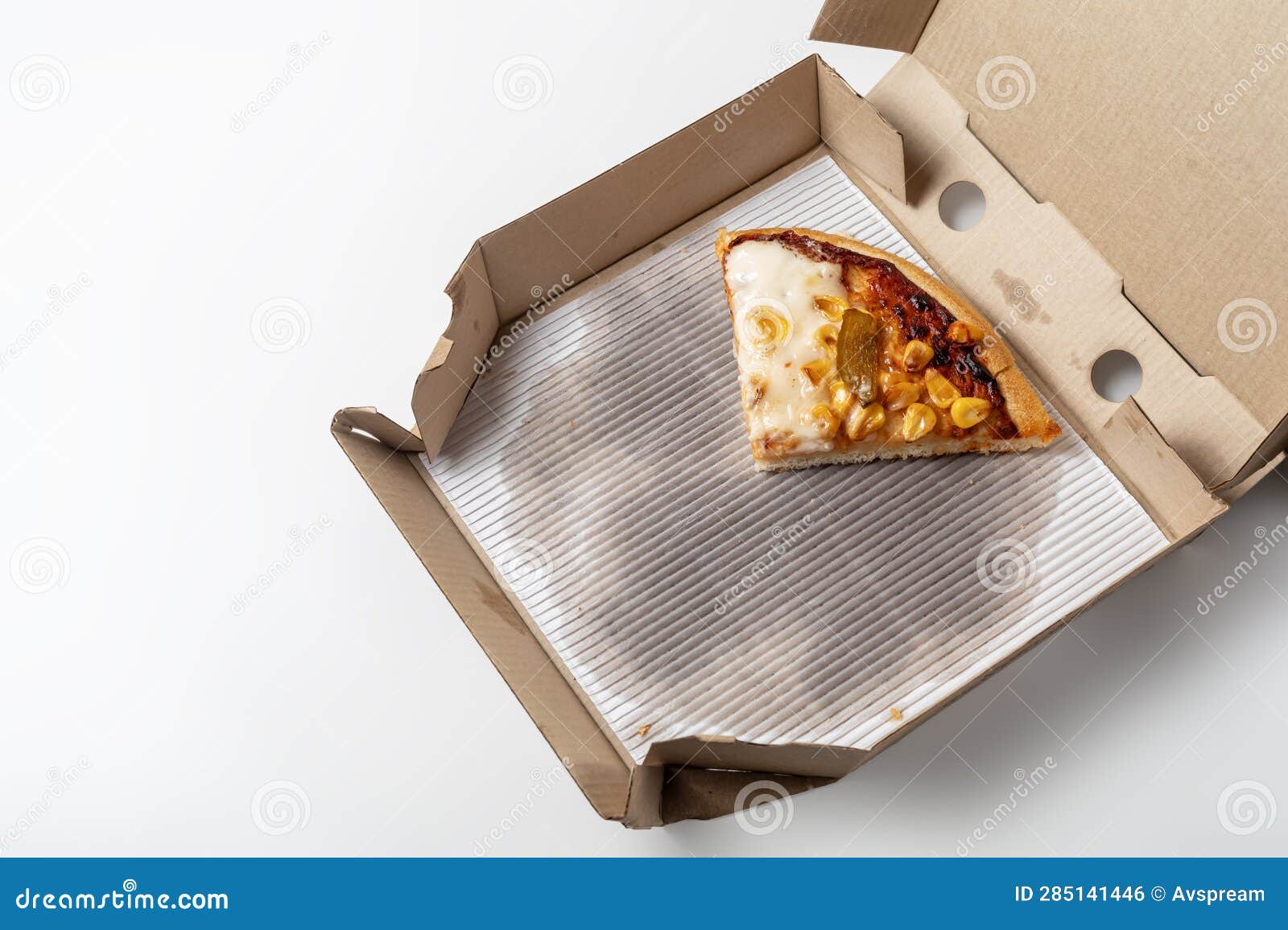 A Slice of Pizza in a Cardboard Box on a White Background. Top View ...