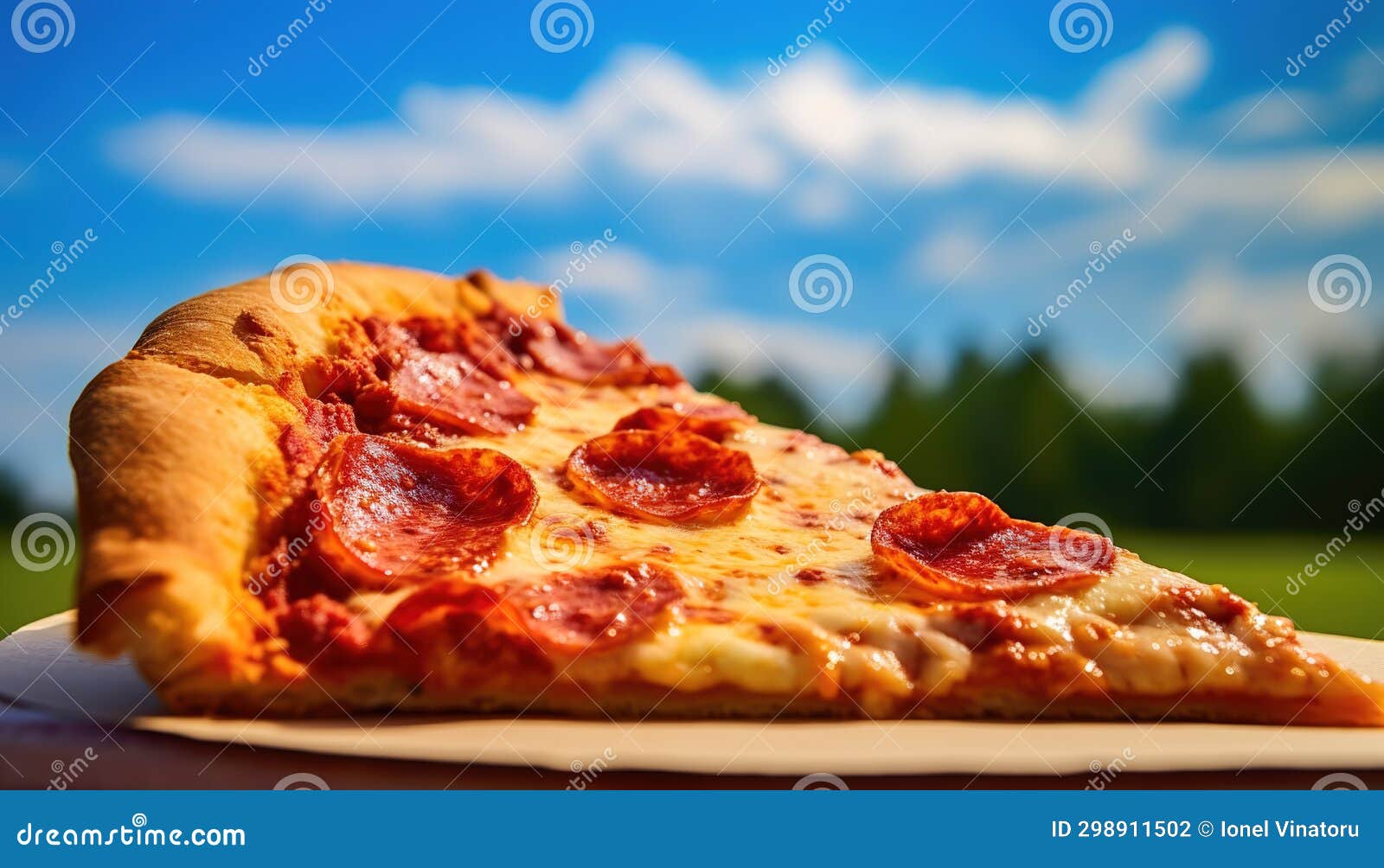 Slice of Pizza Held in Front of the Camera Against a Blue Sky and ...