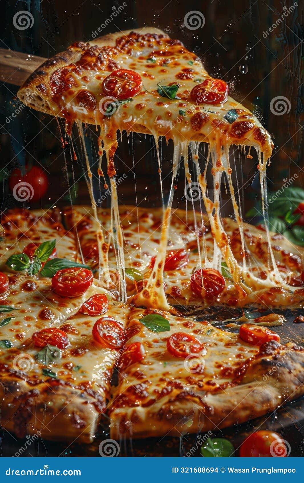 A Slice of Pizza with Melted Cheese Being Lifted from a Pizza with ...