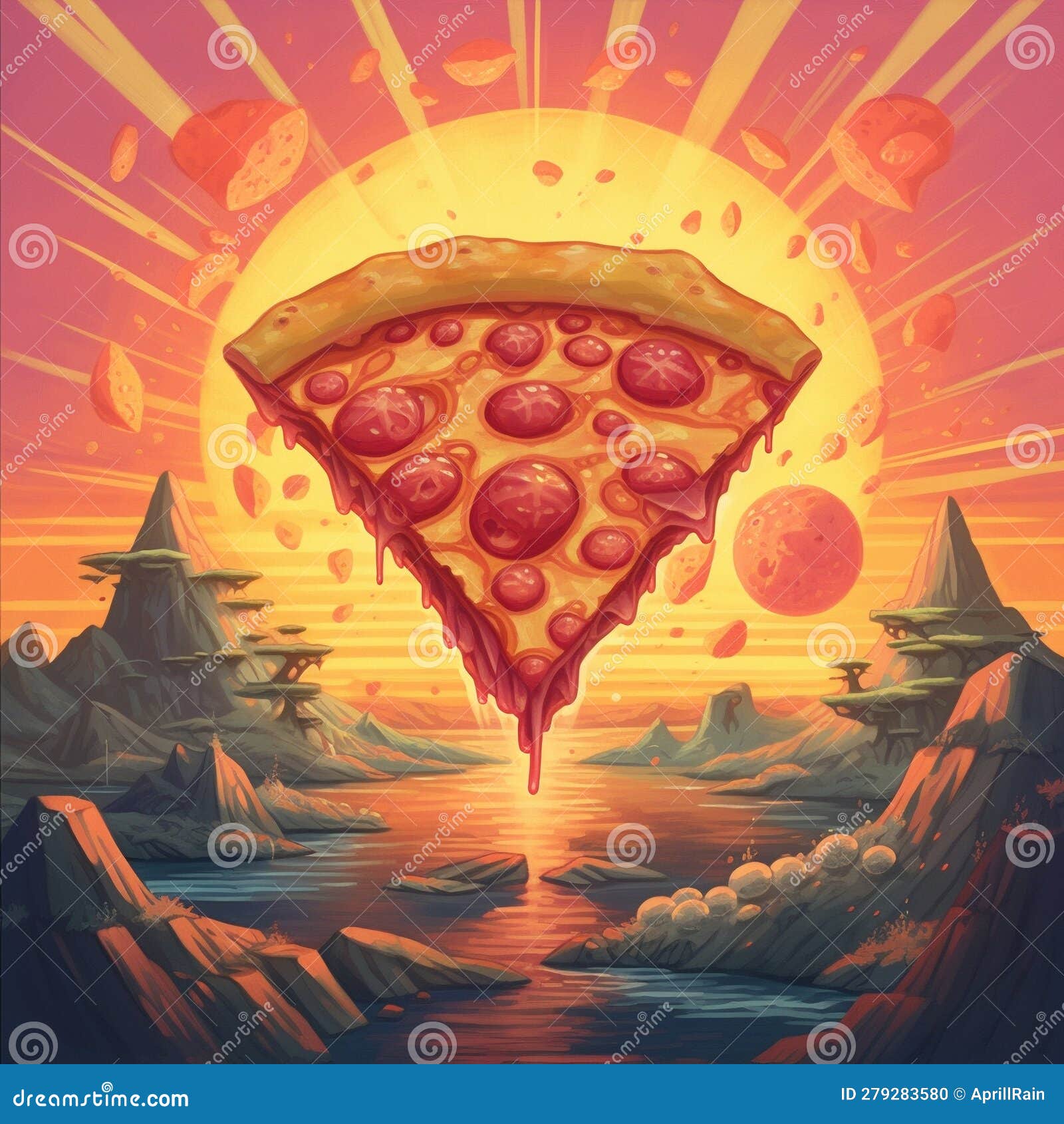 A Slice of Pizza in the Rays of the Rising Sun Stock Illustration ...