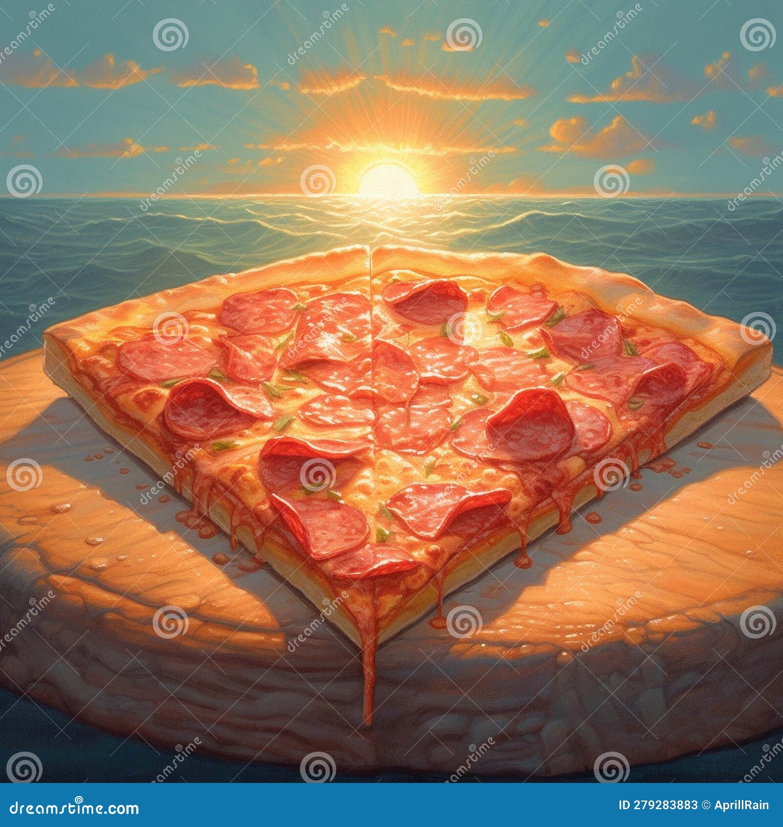 A Slice of Pizza in the Rays of the Rising Sun Stock Illustration ...