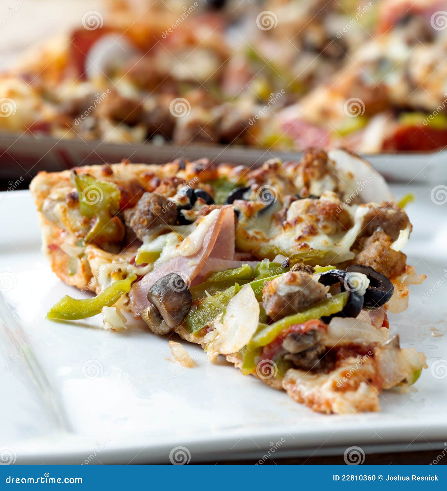 Slice of Pizza with Supreme Toppings on a Plate Stock Photo - Image of ...