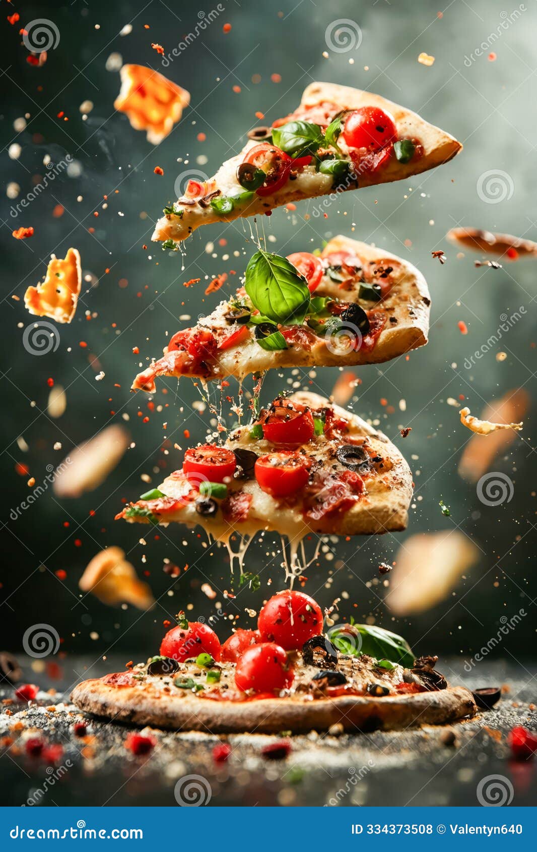 A Slice of Pizza with Tomatoes and Olives Falling into the Air Stock ...