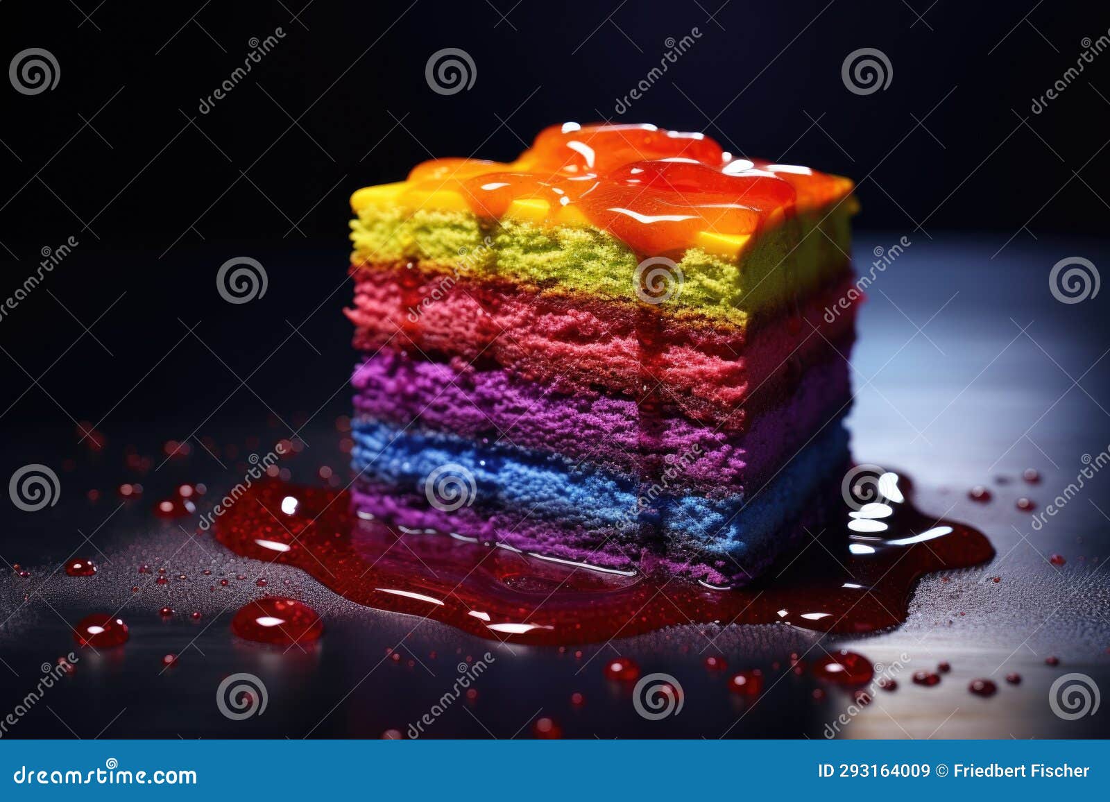 A Slice of Rainbow Cake with Syrup on a Table Stock Illustration ...
