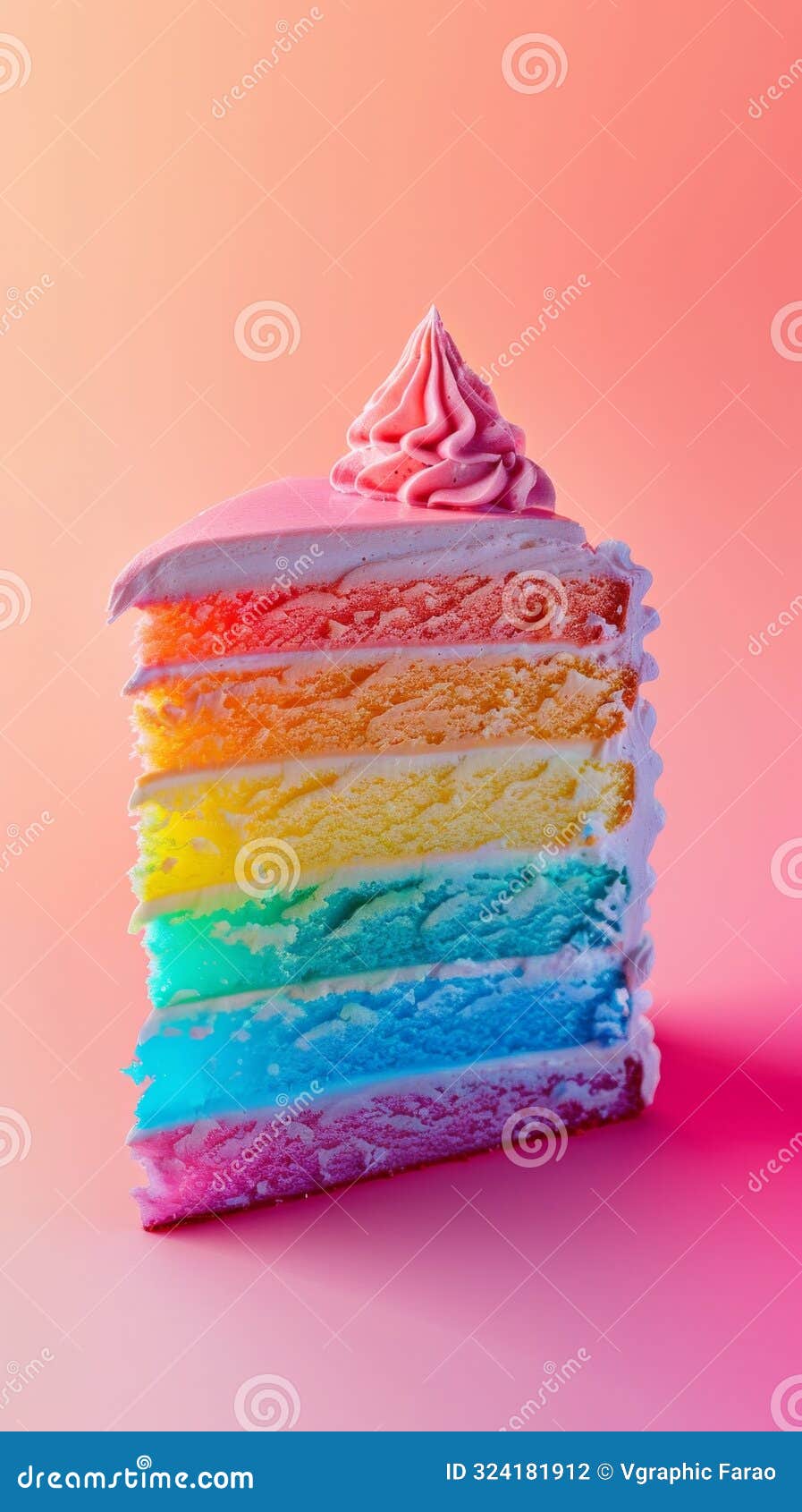 Slice of Rainbow Layered Cake with Pink Frosting on Gradient Background ...